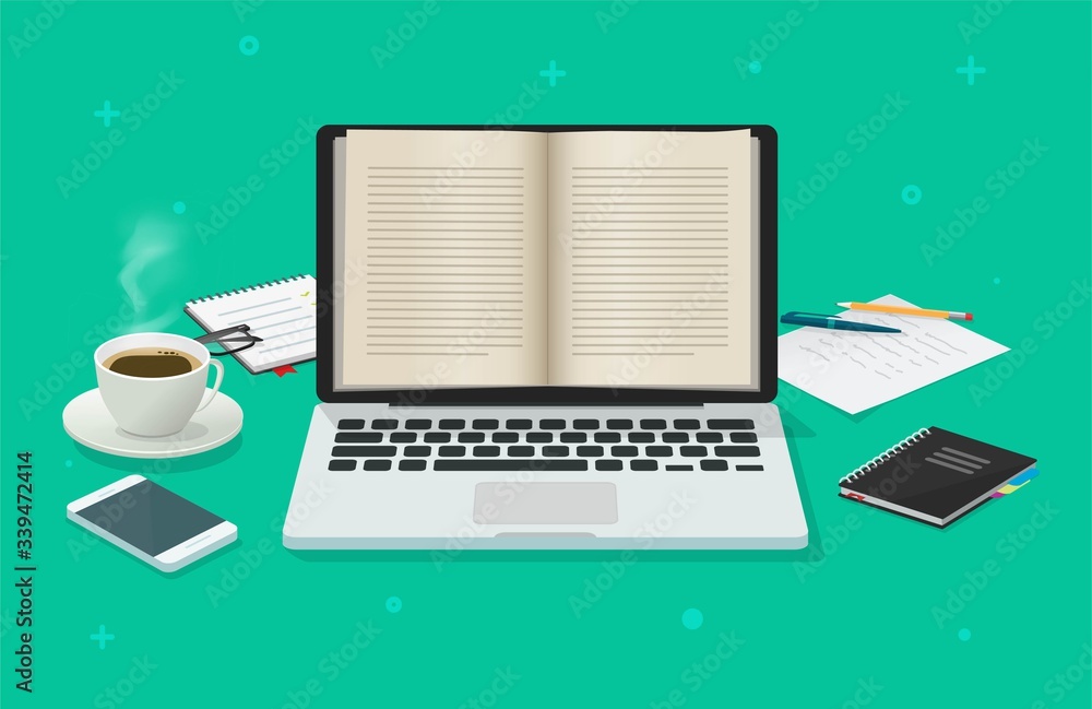 Digital book reading online on laptop computer screen on workplace ...