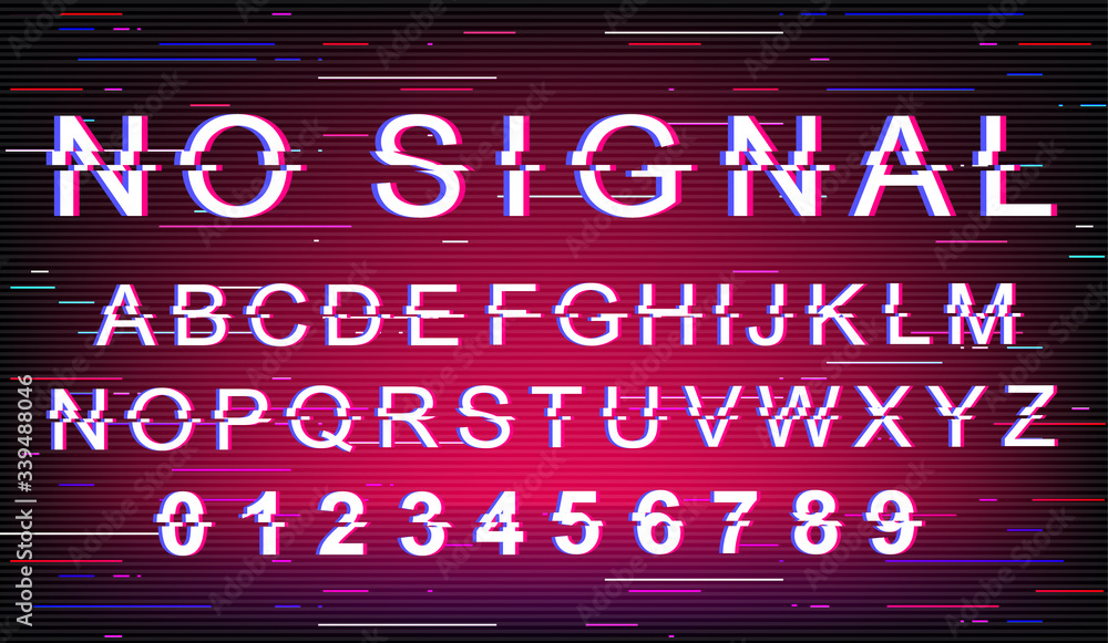 No signal glitch font template. Retro futuristic style vector alphabet ...