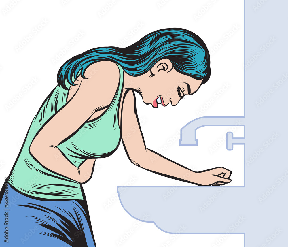 Women have stomach pain, coughing and vomiting. Pop art hand drawn ...