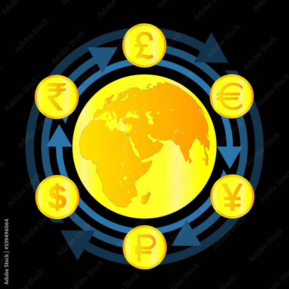 Currency exchange. Symbols of money, currencies of different countries ...