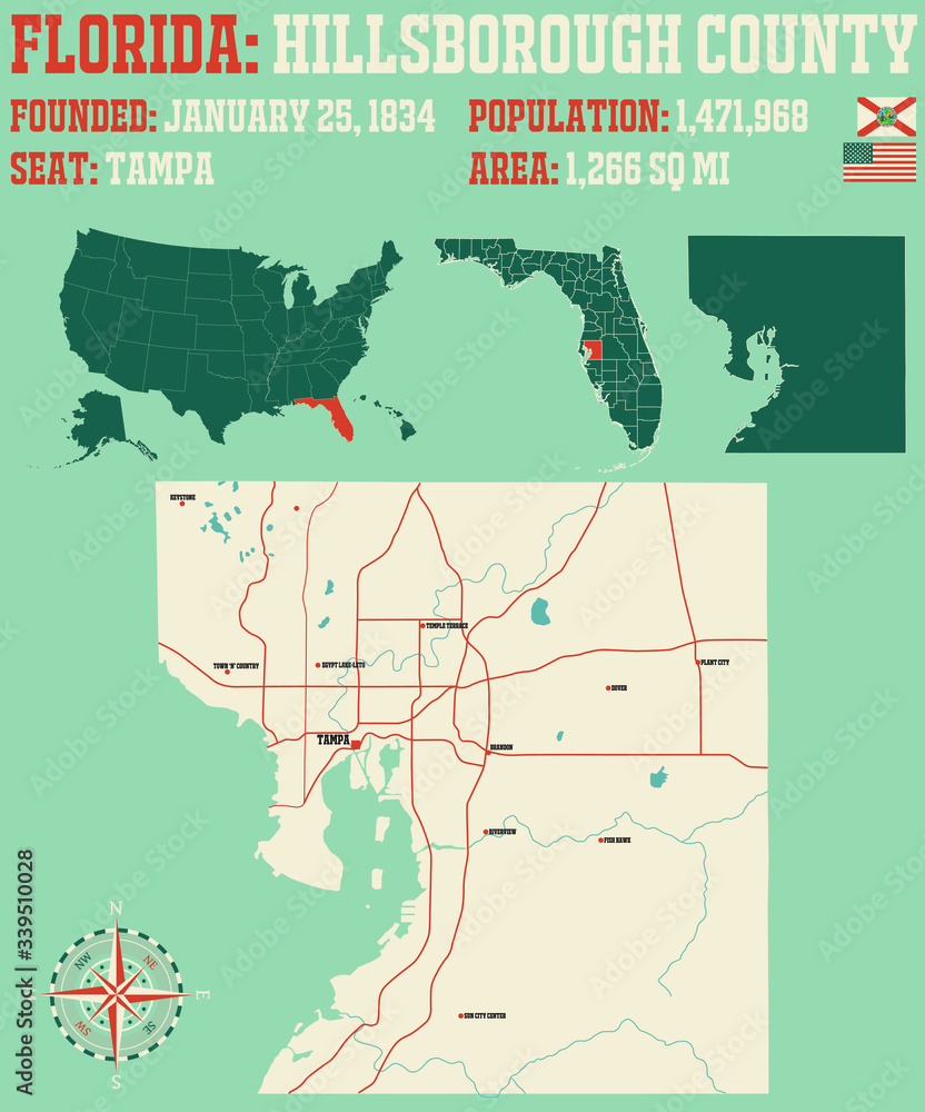 Large and detailed map of Hillsborough county in Florida, USA. Stock ...
