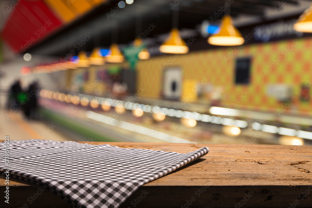 Supermarket background, Counter over blur grocery background, Wooden ...