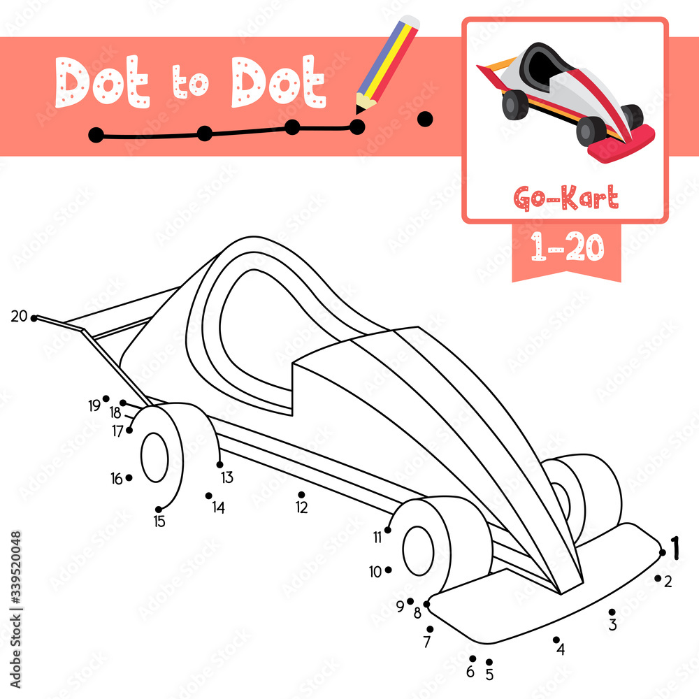 Dot to dot educational game and Coloring book Go-Kart cartoon character ...