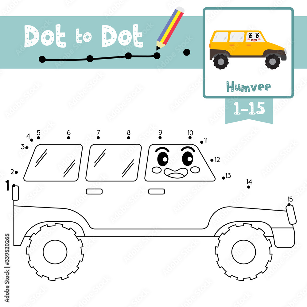 Dot to dot educational game and Coloring book Humvee cartoon character ...