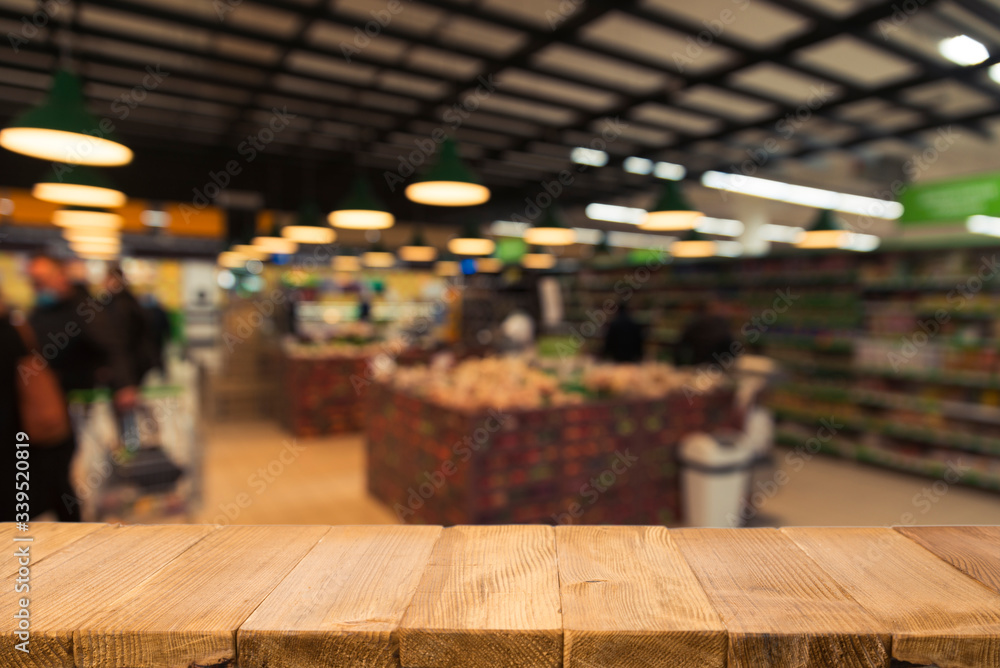 Supermarket background, Counter over blur grocery background, Wooden ...