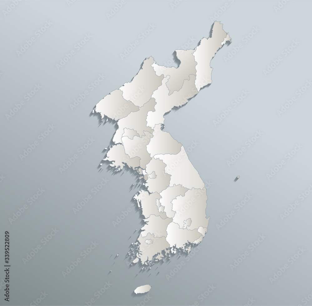 Korea map, north and south, administrative division, blue white card ...