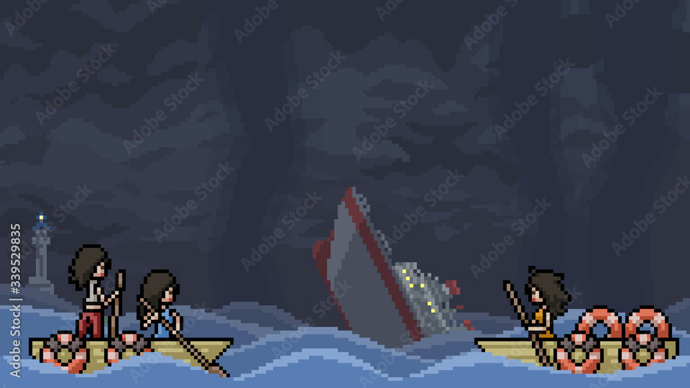 vector pixel art scene shipwreck survivor Stock Vector | Adobe Stock