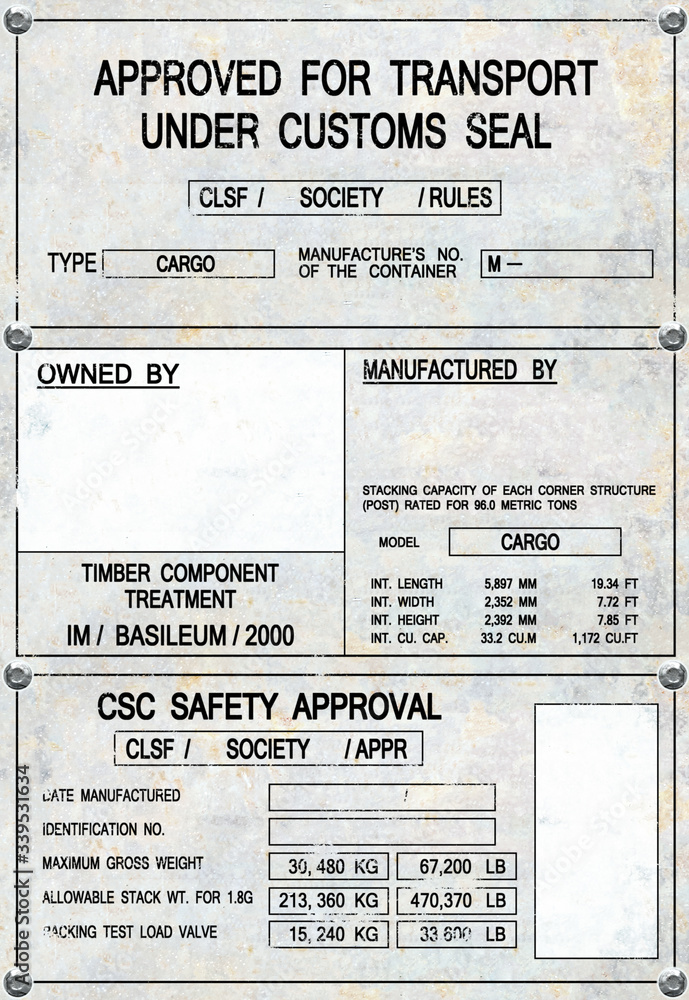 industry cargo container data plate design mockup with dummy lettering ...