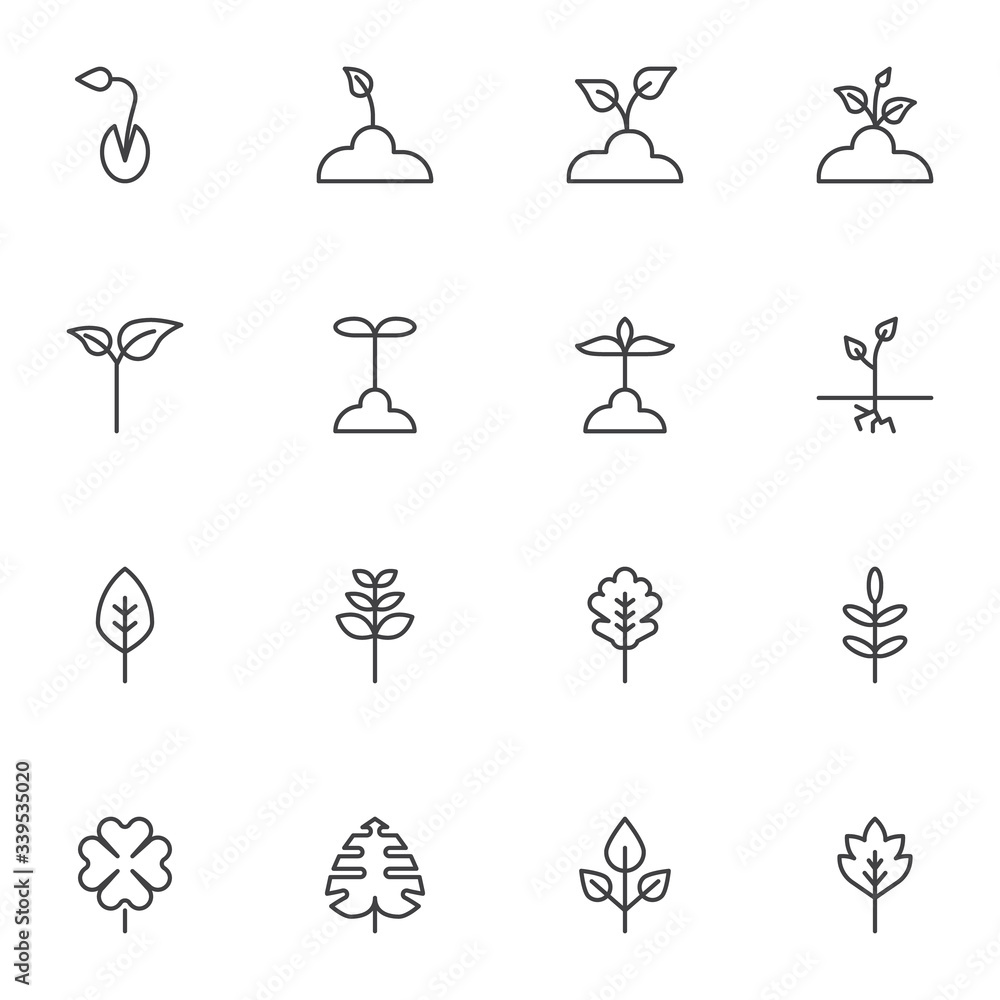Plants seedling line icons set. linear style symbols collection ...