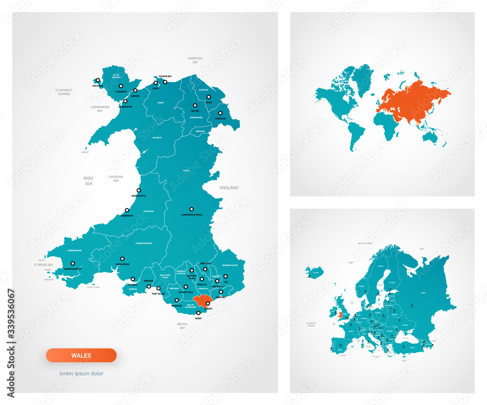 Editable template of map of Wales with marks. Wales on world map and on ...