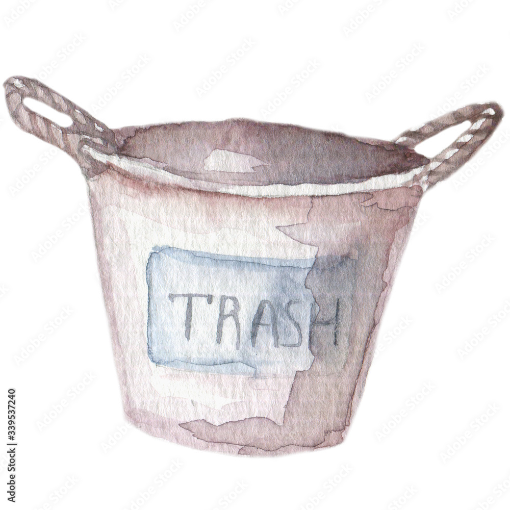 watercolor dustbin trash paper wad drawing cartoon style isolated on a ...