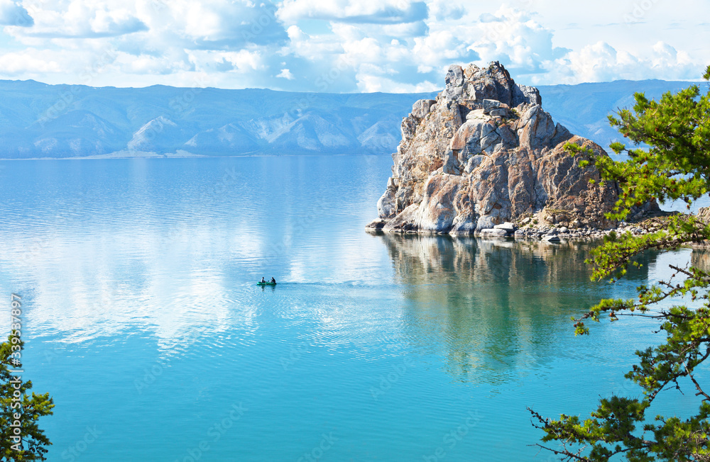 Magnificent summer landscape with Baikal Lake on a sunny day. Tourists ...