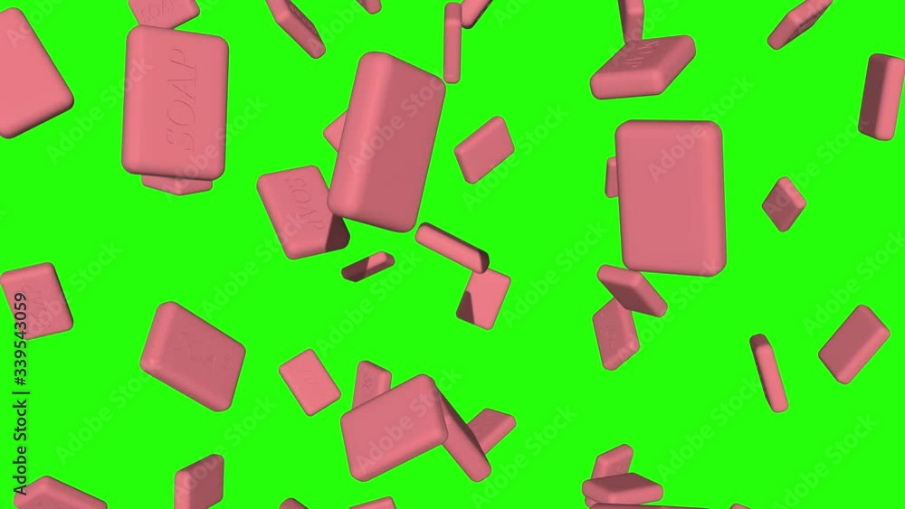 3d rain of pink bar soaps falling or flying on green screen or chroma ...