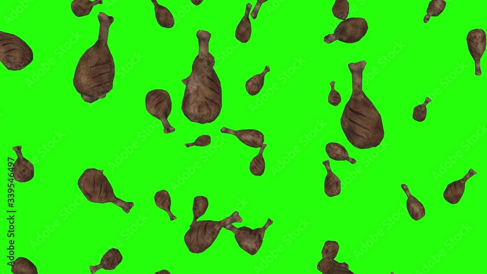 3d rain of real chicken legs falling on green screen. Grilled chicken ...
