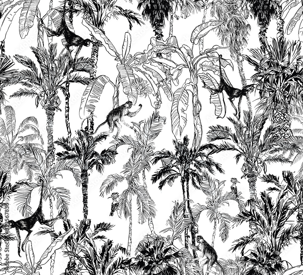 Seamless Pattern Vintage Engraving Outline Drawing Tropical Jungle with ...