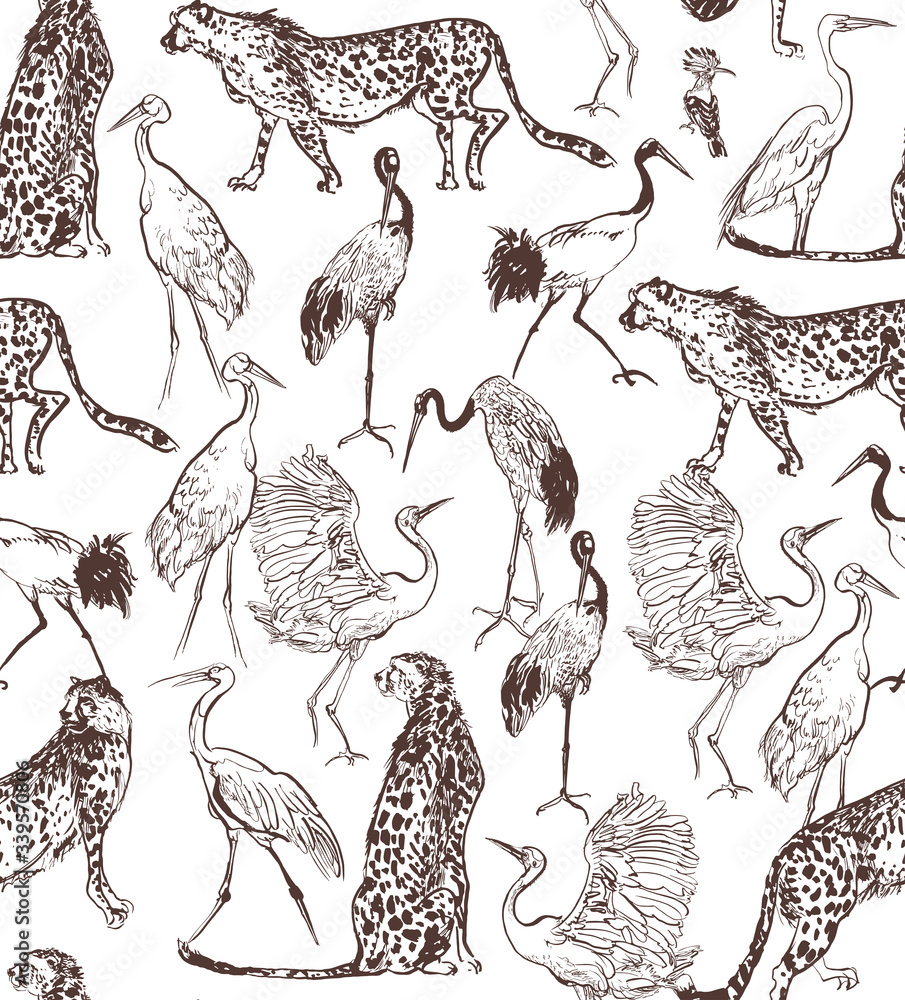 Seamless Pattern Isolated Elements Cheetah, Leopard, Heron Birds ...