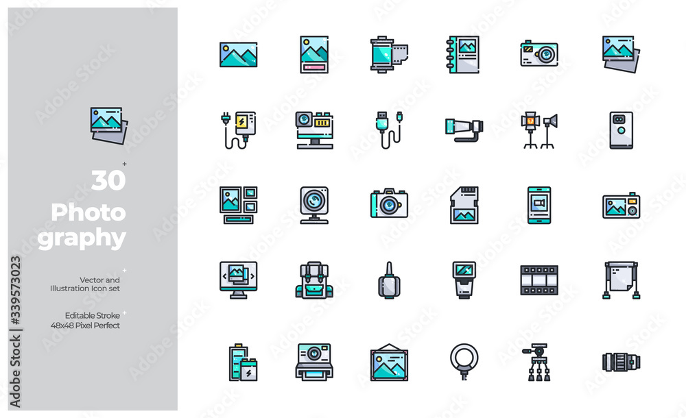 Vector Color Line Icons Set of Photographer and Photography Equipment ...