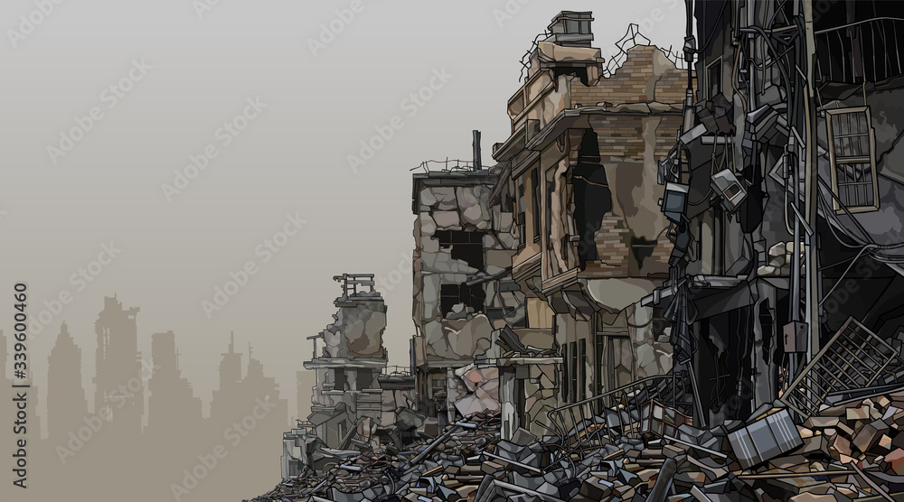 urban background ruins of ruined buildings with trash below Stock ...