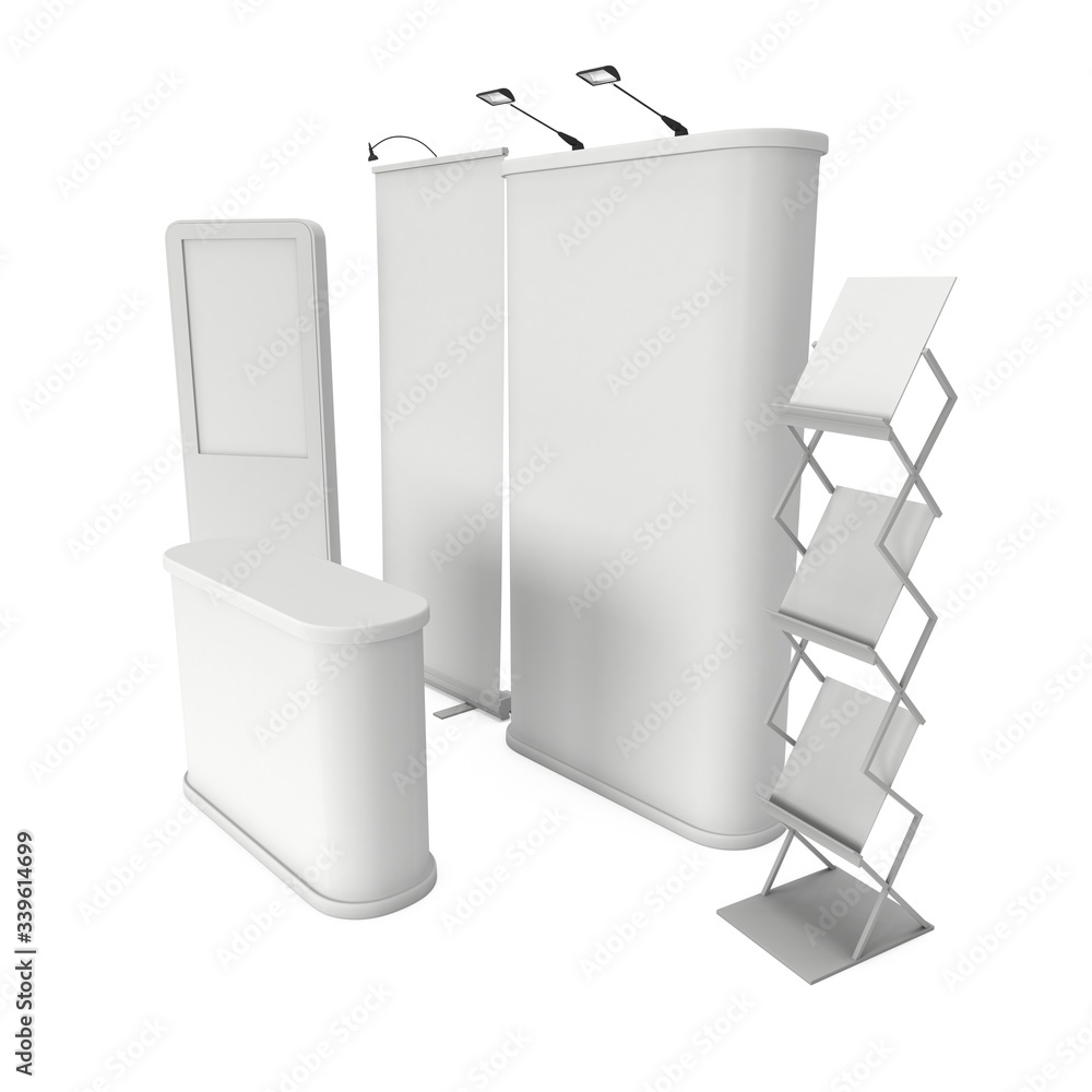 LCD Screen Floor Stand with Roll-Up Pop-Up and reception desk. Blank ...