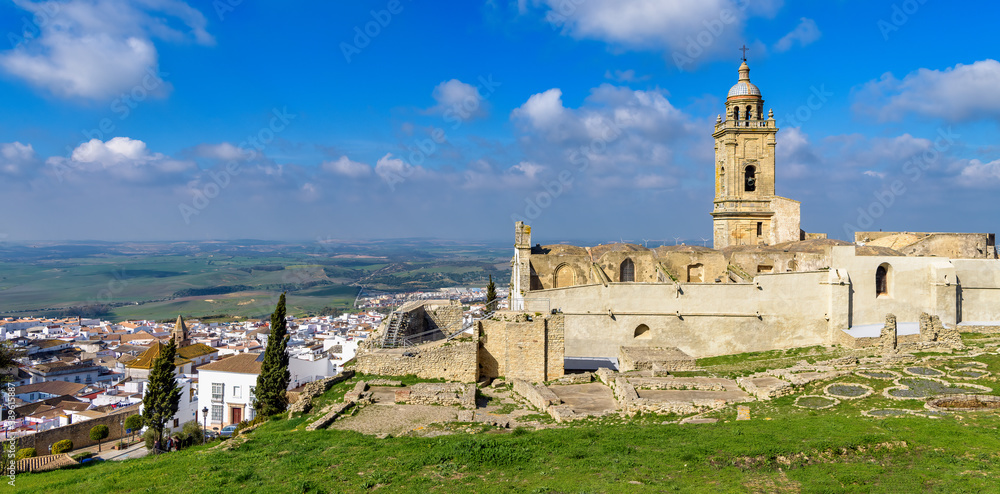Panoramic view of historic church, castle and Roman ruins in the ...