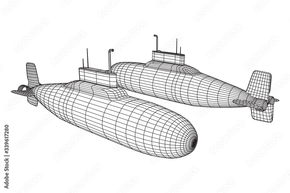 Military atomic submarine underwater boat. Wireframe low poly mesh ...