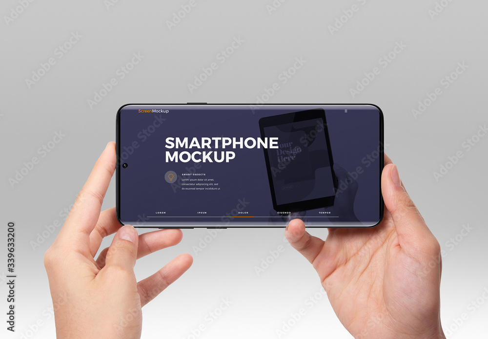Hands Holding Landscape Smartphone Mockup Stock Template | Adobe Stock