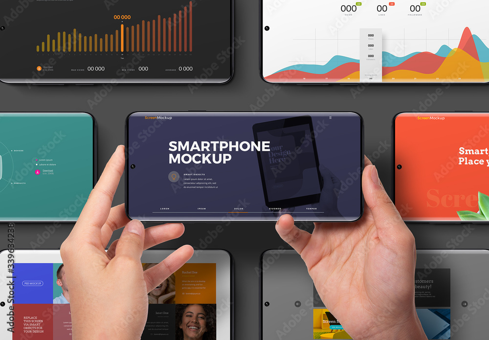 Hands Holding Landscape Smartphone Mockup Set Stock Template | Adobe Stock