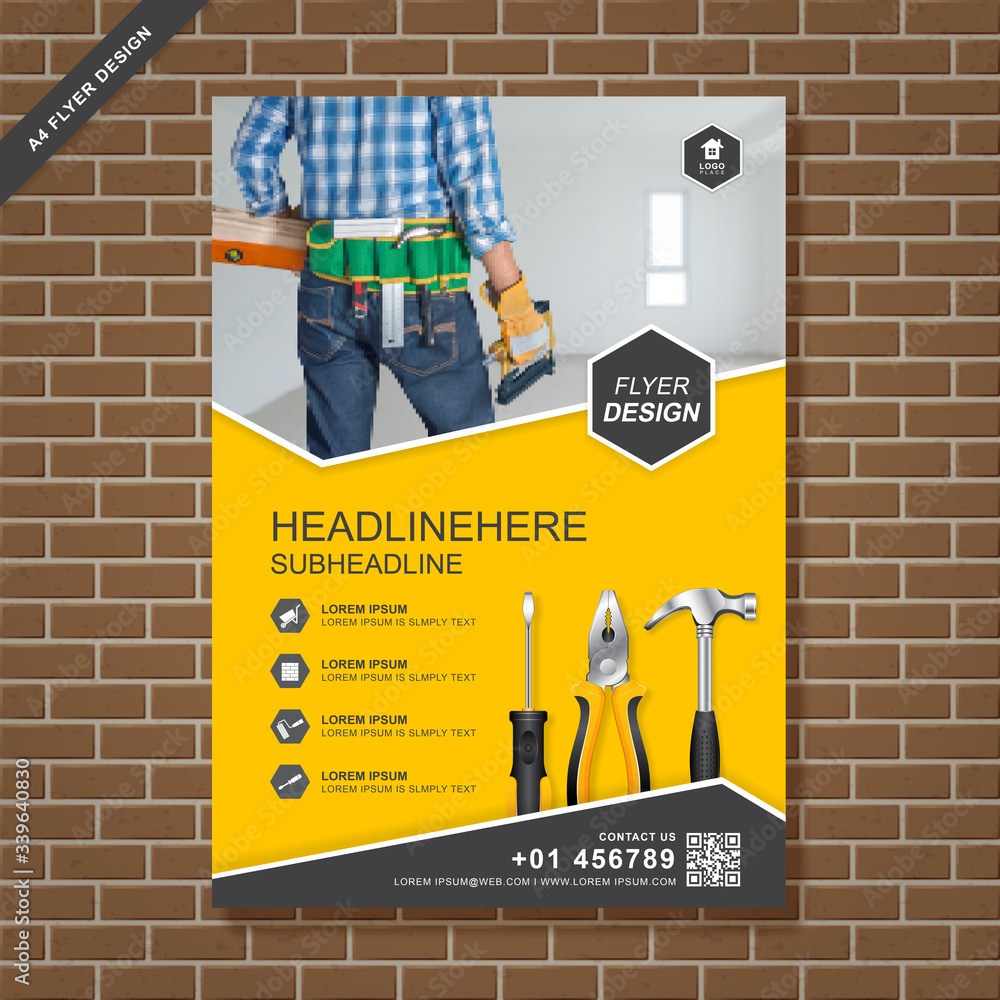 construction tools cover A4 template for a report and brochure design ...