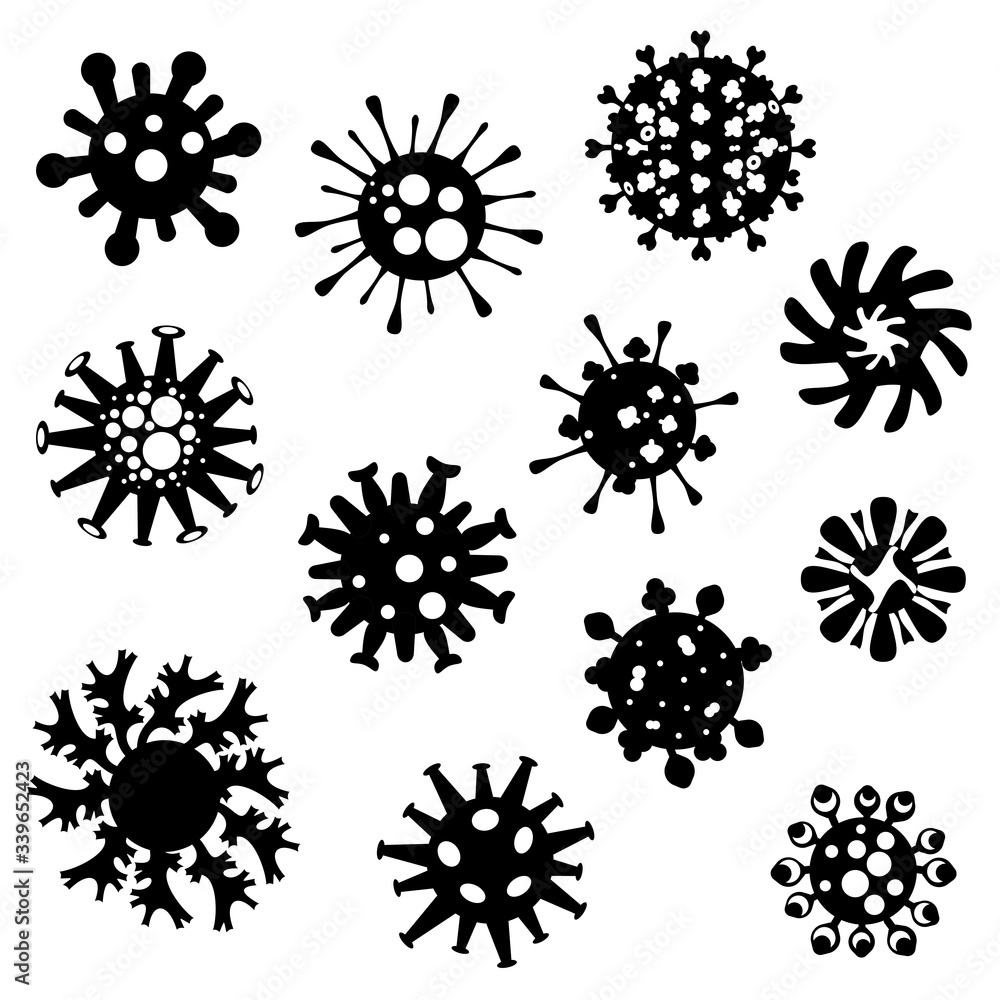 Vector illustration of Viruses in black on an isolated white background ...