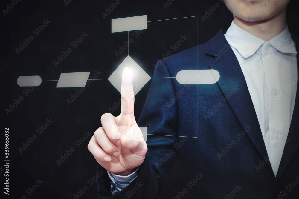 Business man touching virtual screen Business process and workflow ...