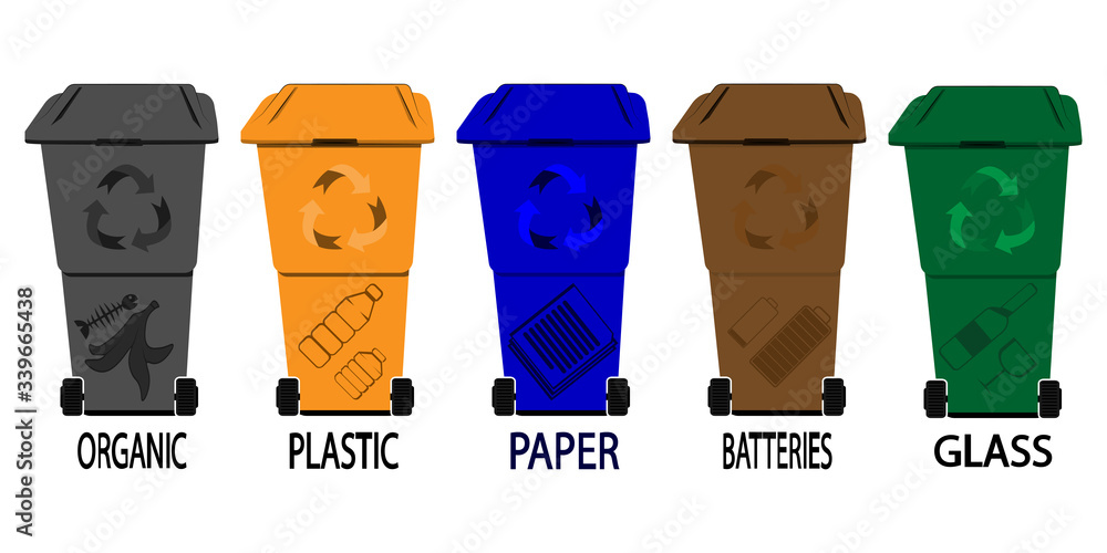 Set of color sorting bins. Garbage segregation. Waste sorting. Various ...