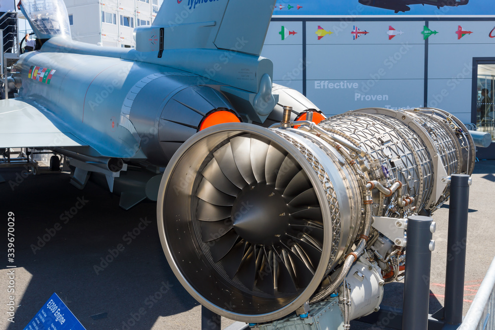 BERLIN, GERMANY - MAY 21, 2014: A military turbofan Eurojet EJ200, used ...