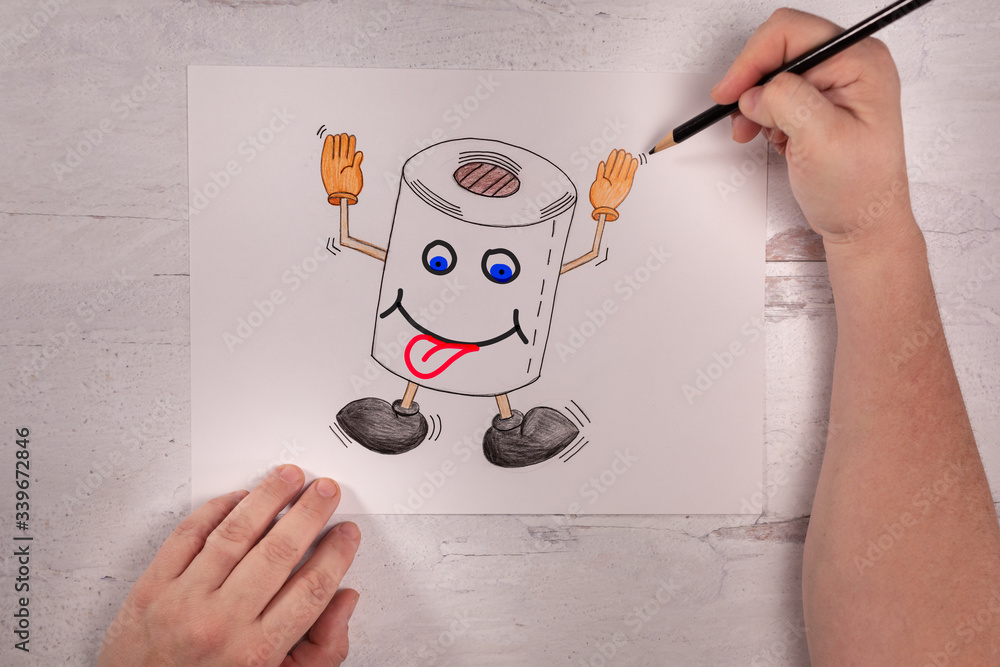 Cartoonish drawing of toilet paper roll with feet and hands dancing ...