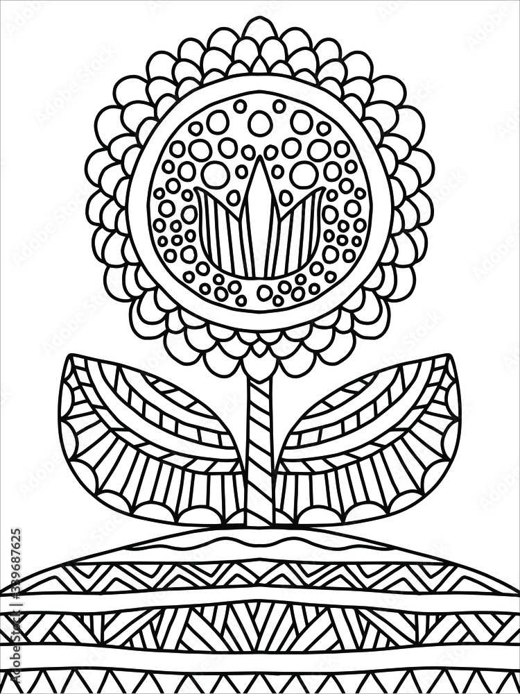 Simple coloring book page with a symmetrical flower grew out of the ...