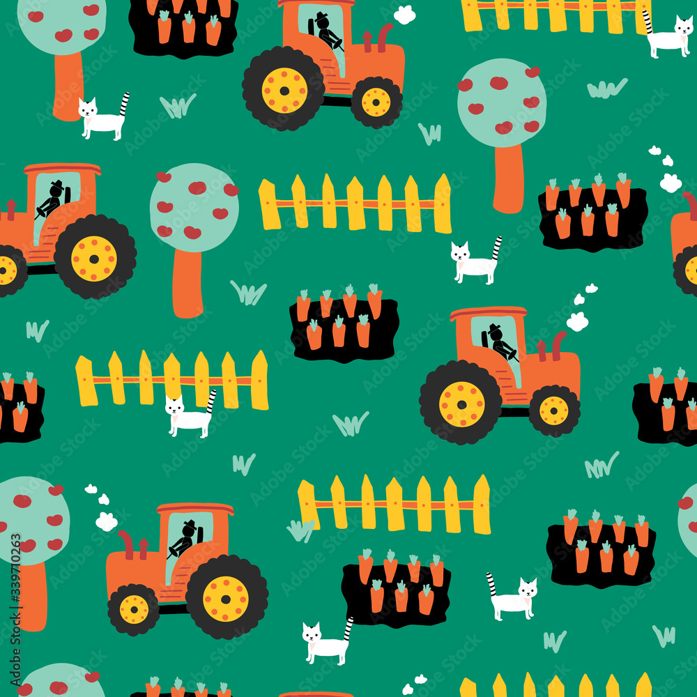 Cute farm pattern with tractors, carrots, fence, apple trees and cats ...