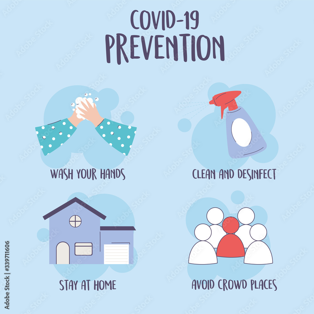 covid 19 pandemic infographic, tips prevention, stay at home, washing ...