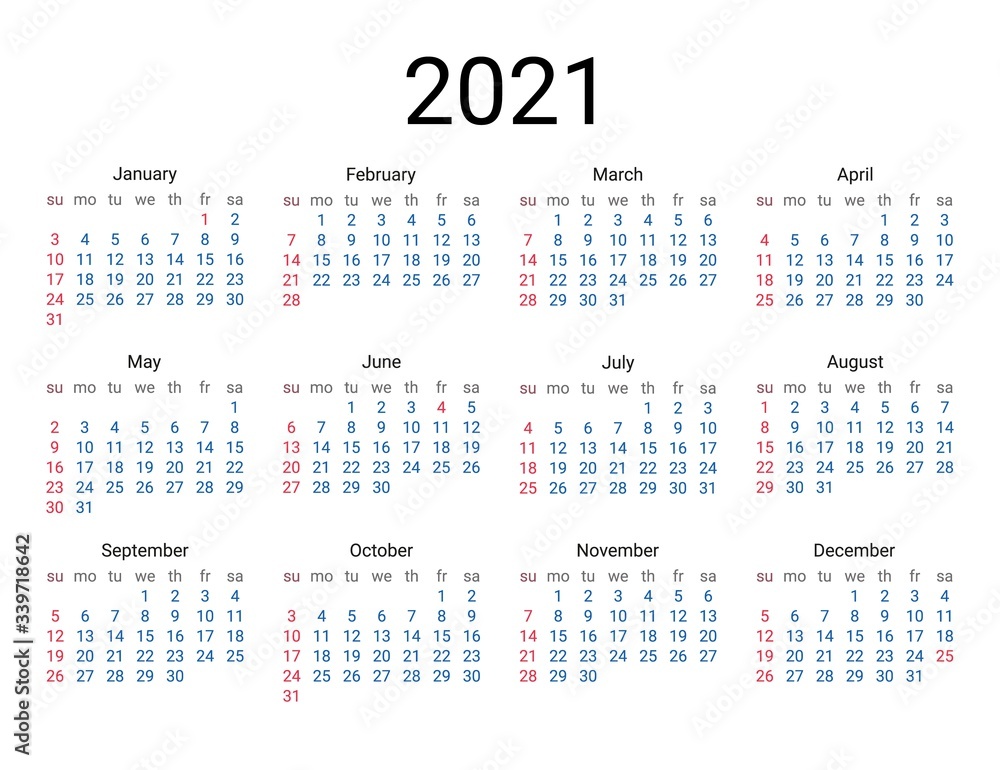 2021 year US calendar. Classical, minimalistic, simple design. White ...