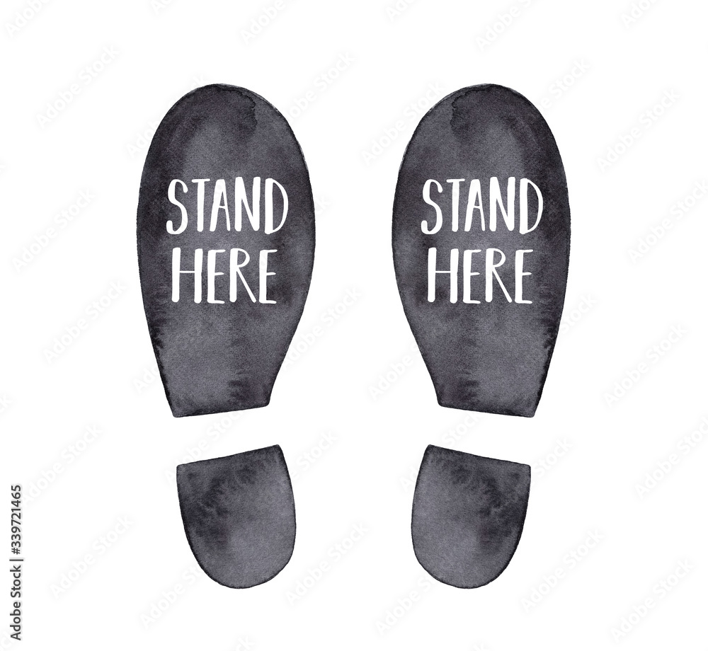 Watercolor illustration of black footprint with inscription in English ...