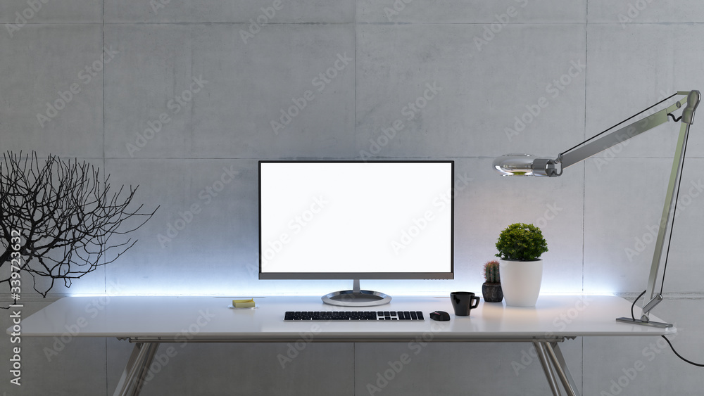 Work space stand mock up with table and plant, pc screen front view ...