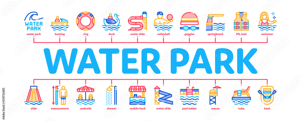 Water Park Attraction Minimal Infographic Web Banner Vector. Swimming ...