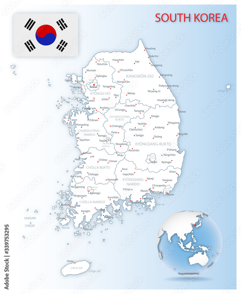 Detailed map of South Korea administrative divisions with country flag ...