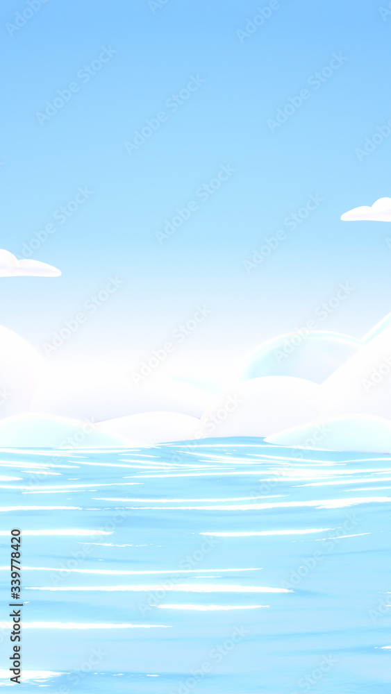 Cartoon sea with shining water surface. 3d rendering picture. (vertical ...