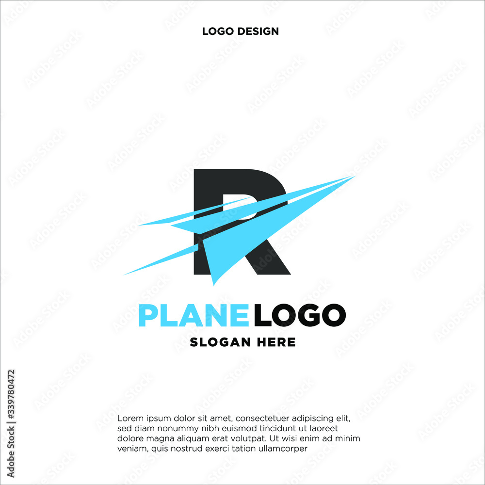big capital letter R slashed with a paper airplane. aeromode logo ...