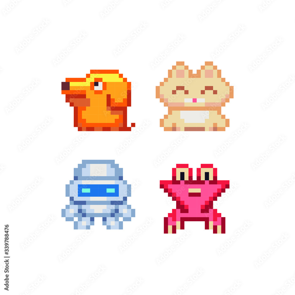 Cute animals abstract characters. Cat, dog, android and crab. Pixel art ...