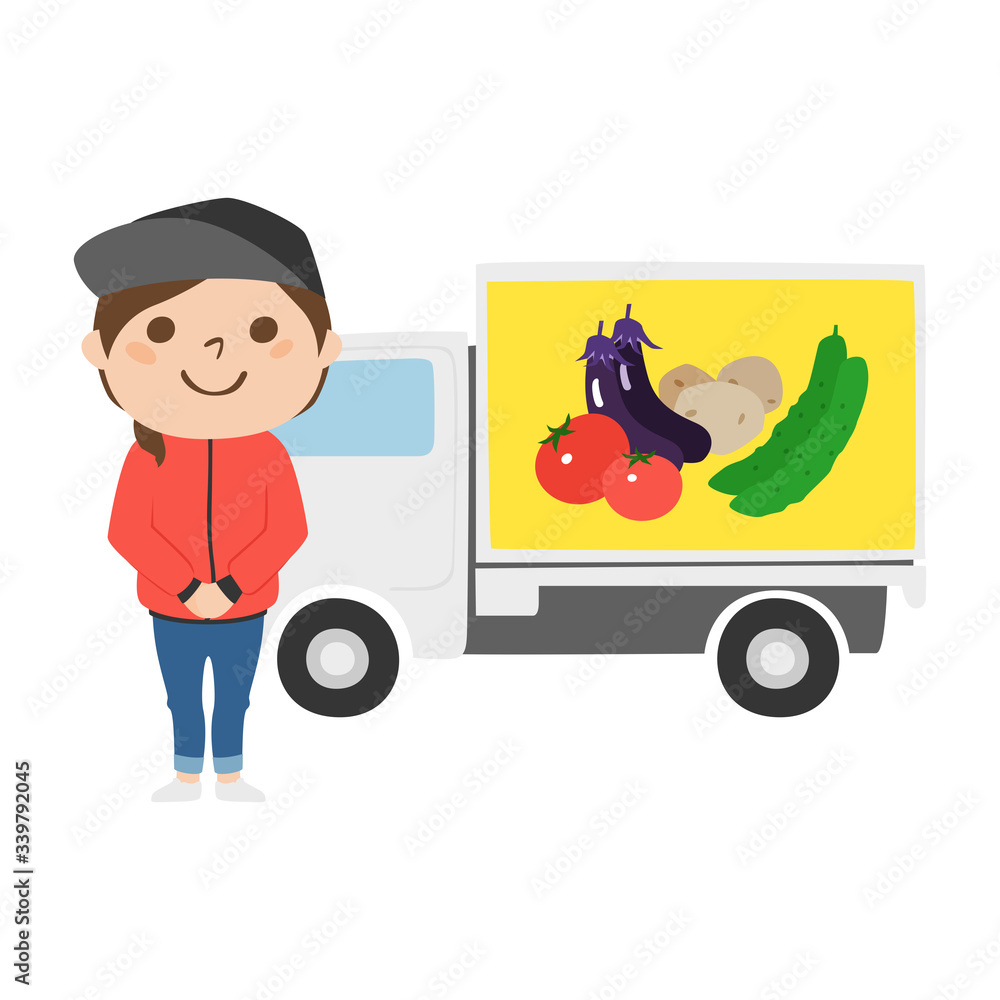 トラックで野菜や日用品を販売している移動スーパーのイラスト。 Stock ベクター Adobe Stock