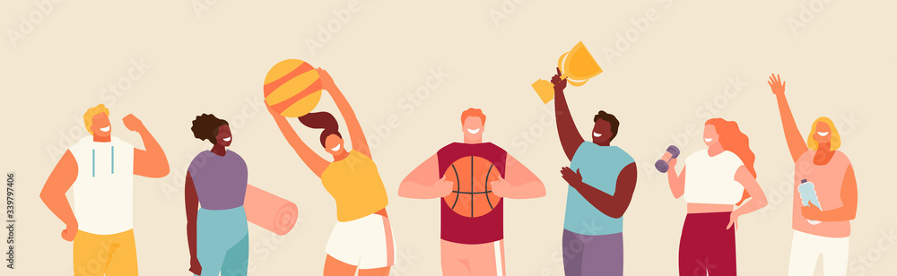 Sports happy people with fitness accessories. Healthy lifestyle vector ...