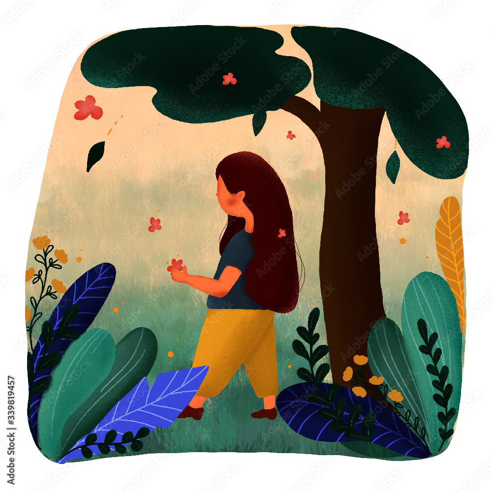 Cute little girl with garden.Hand draw beautiful cute cartoon.vector ...