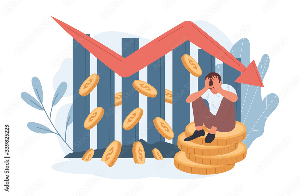 Man having financial problems sitting on gold coins underneath a red ...