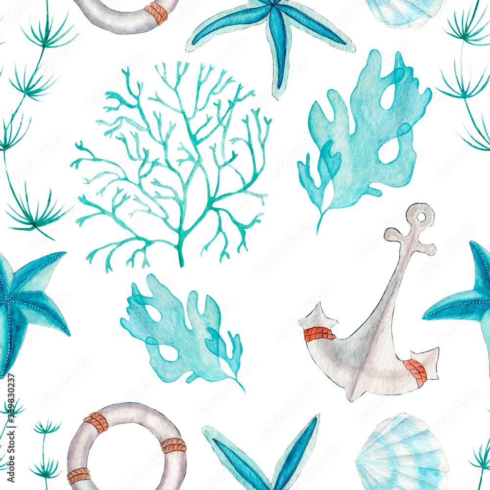 seamless pattern with watercolor illustrations of marine life corals ...