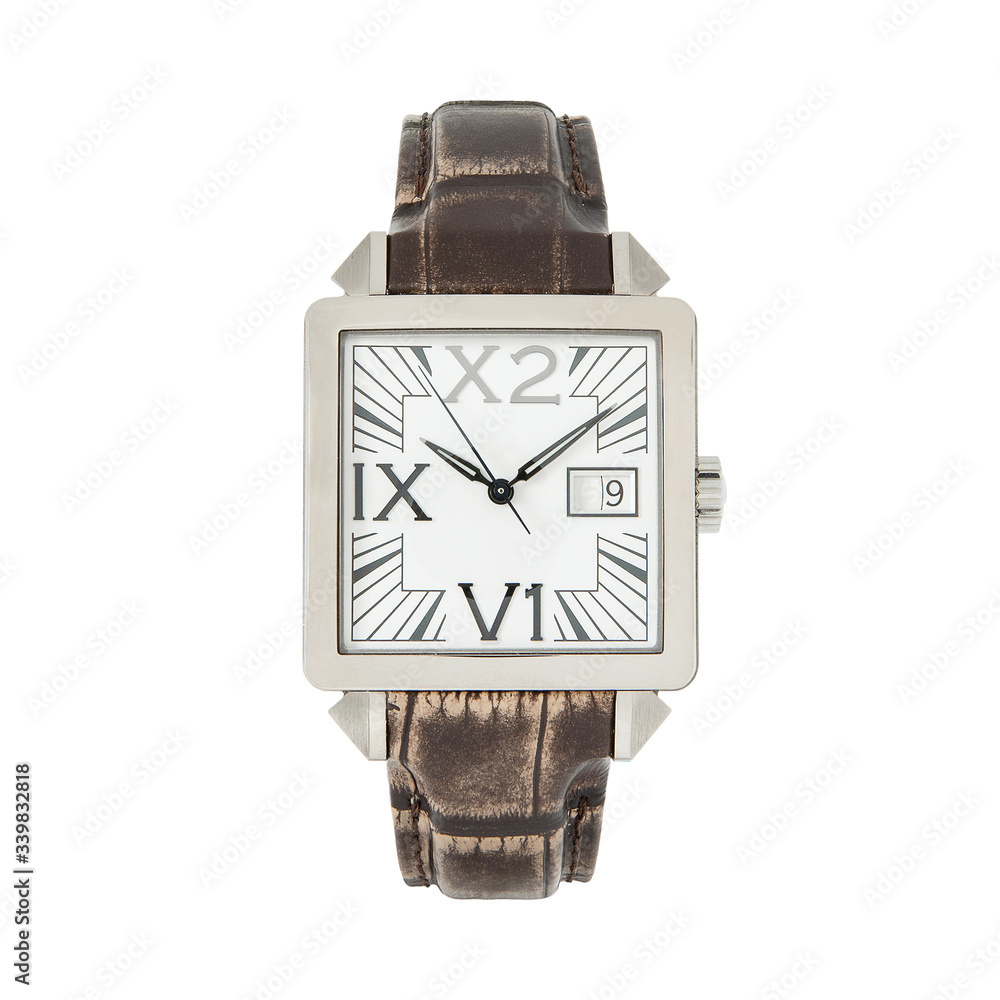 Square luxury wristwatch with roman numerals and calendar and brown ...